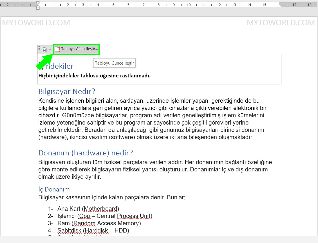 Microsoft Word’de İçindekiler Tablosu Oluşturma – My To World